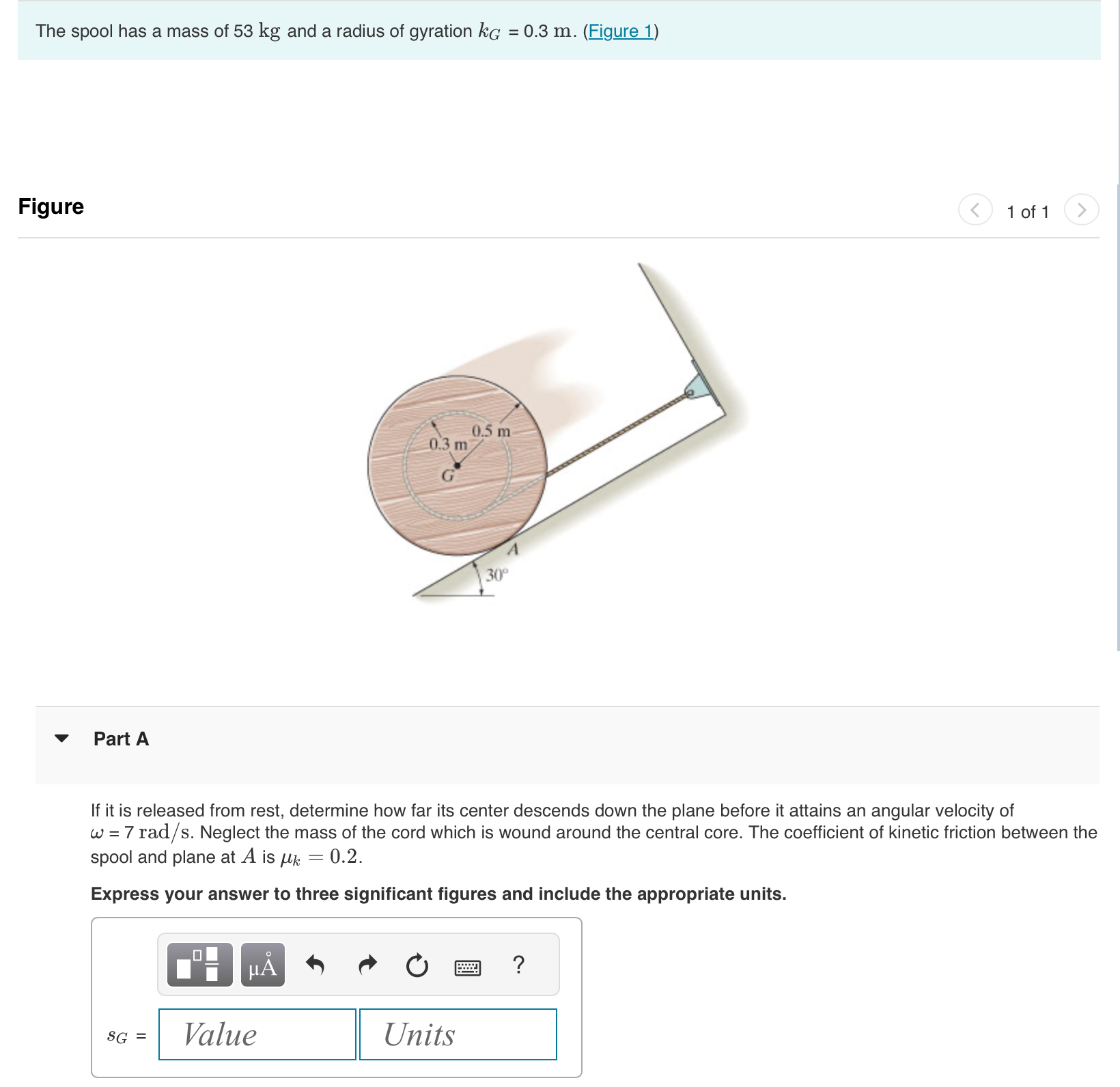 Solved The spool has a mass of 53kg and a radius of gyration | Chegg.com