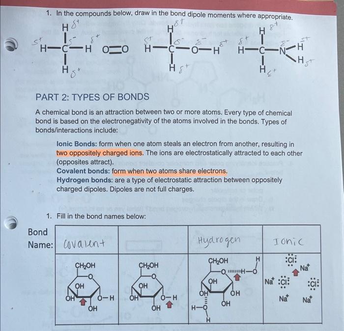 Solved 1. In the compounds below, draw in the bond dipole | Chegg.com