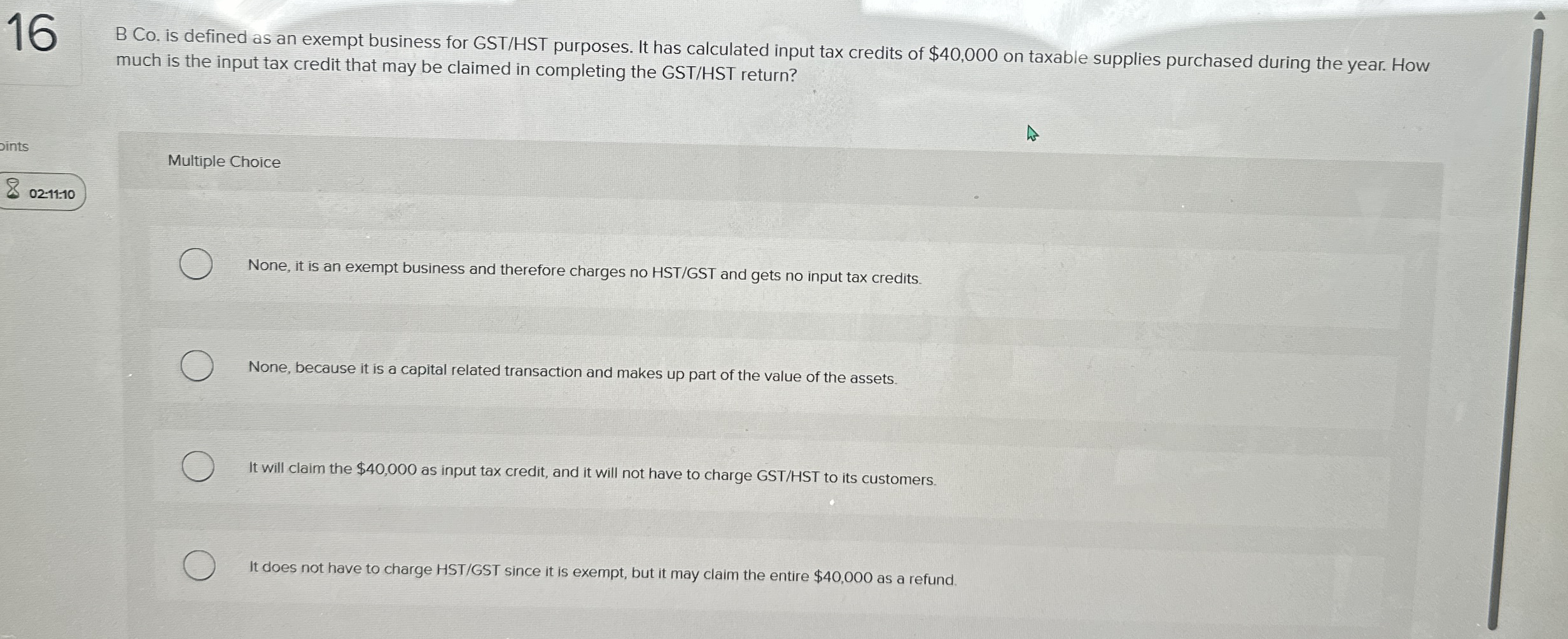 Solved 16B Co. ﻿is defined as an exempt business for GST/HST | Chegg.com
