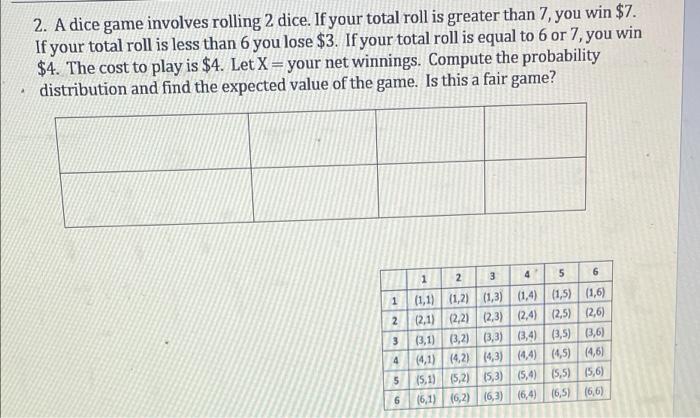 2. A dice game involves rolling 2 dice. If your total | Chegg.com