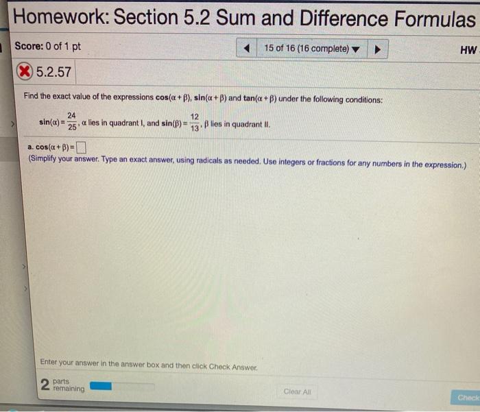 Solved Homework: Section 5.2 Sum and Difference Formulas | Chegg.com