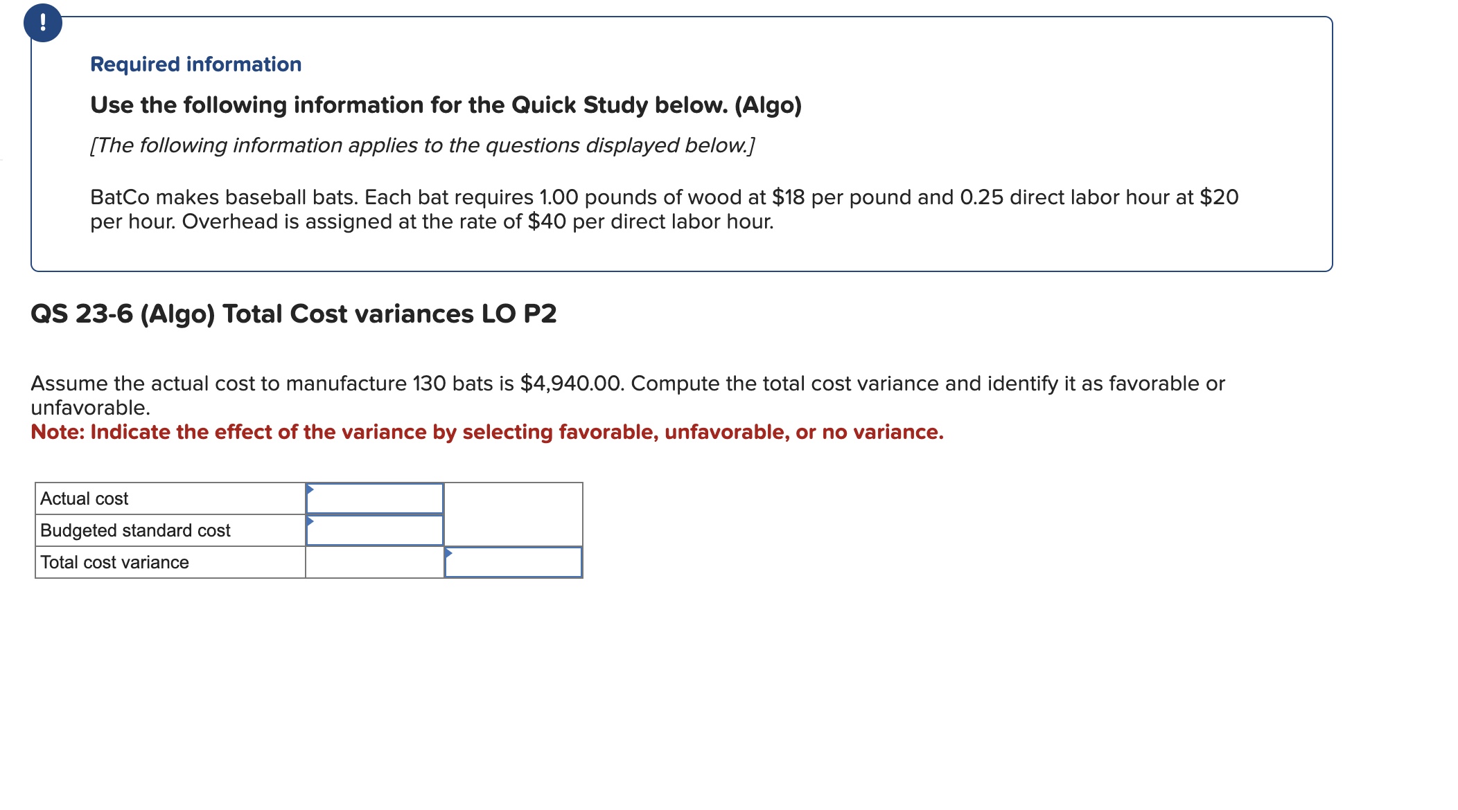 Solved QS 23-6 (Algo) ﻿Total Cost variances LO P2Assume the | Chegg.com
