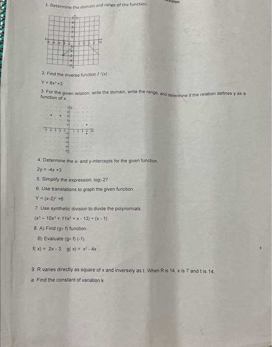 Solved 1. Determine the domain and range of the function 2. | Chegg.com