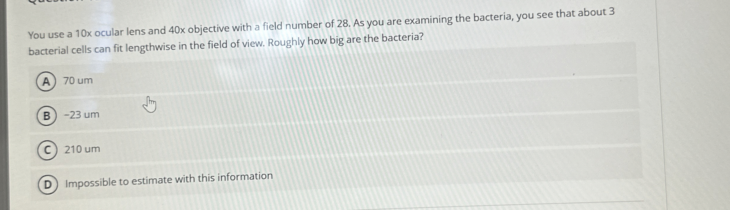 Solved You use a 10x ocular lens and 40x objective with a | Chegg.com