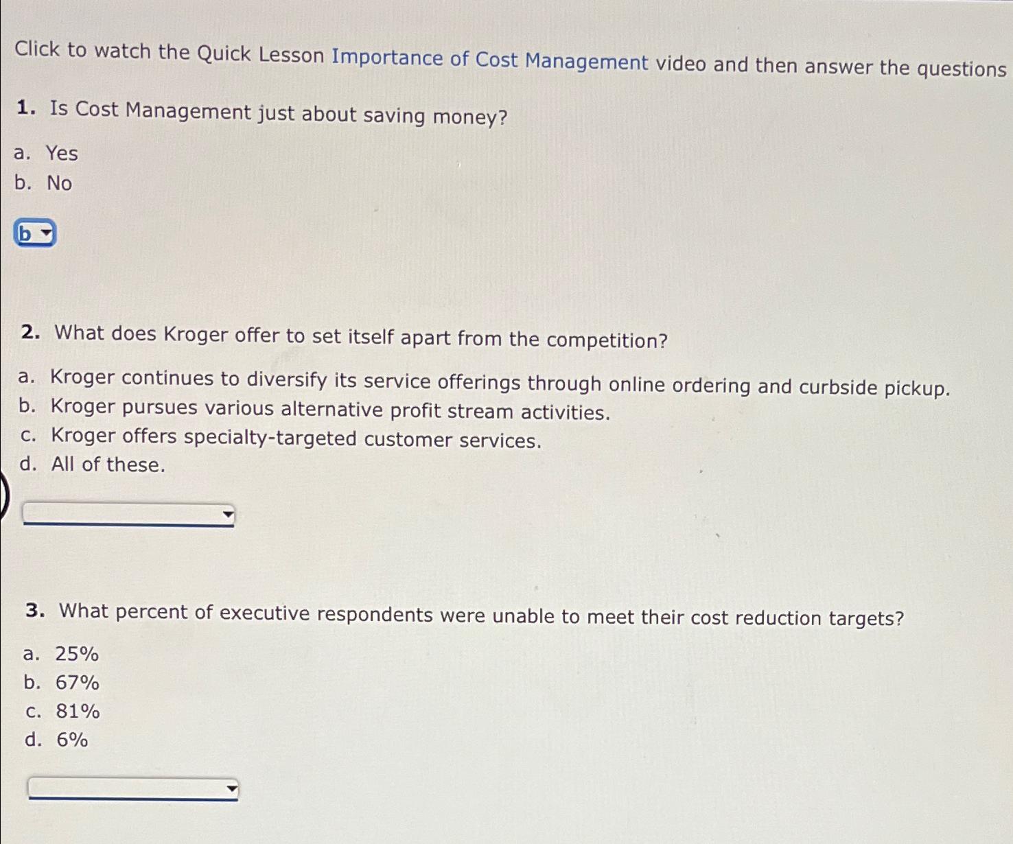Solved Click to watch the Quick Lesson Importance of Cost | Chegg.com