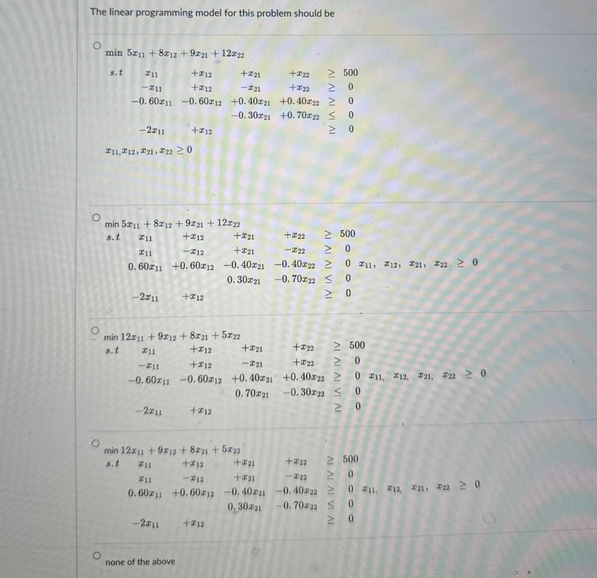 Solved The linear programming model for this problem should | Chegg.com