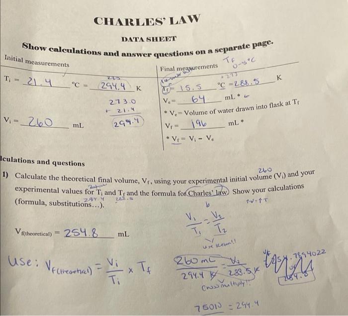 Solved CHARLES' LAW ' DATA SHEET Show calculations and | Chegg.com