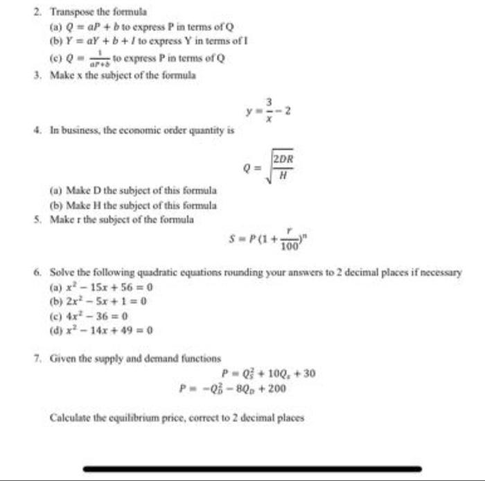Solved 2. Transpose the formula (a) Q = a + b to express Pin | Chegg.com