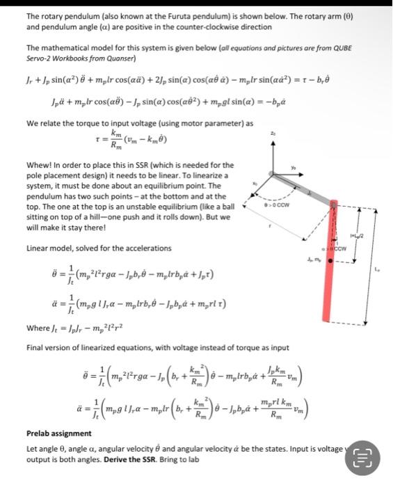 Solved The rotary pendulum (also known at the Furuta | Chegg.com