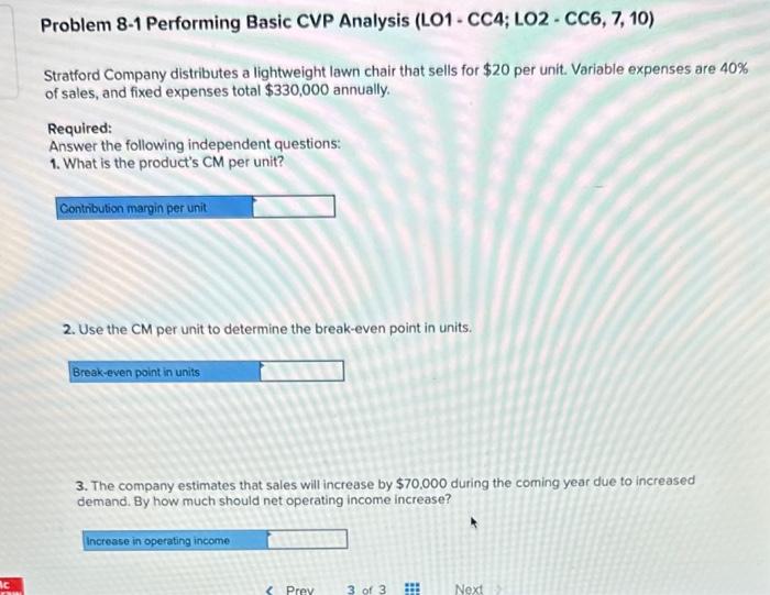 Solved Problem 8-1 Performing Basic CVP Analysis (LO1 - CC4; | Chegg.com