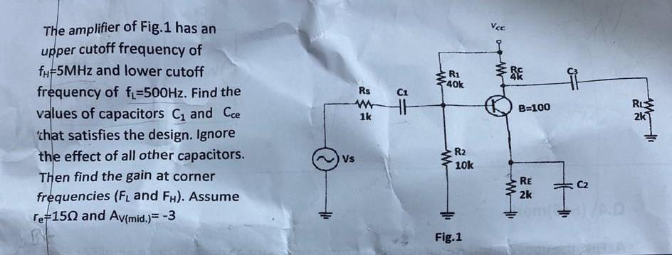 Solved The amplifier of Fig.1 has an upper cutoff frequency | Chegg.com