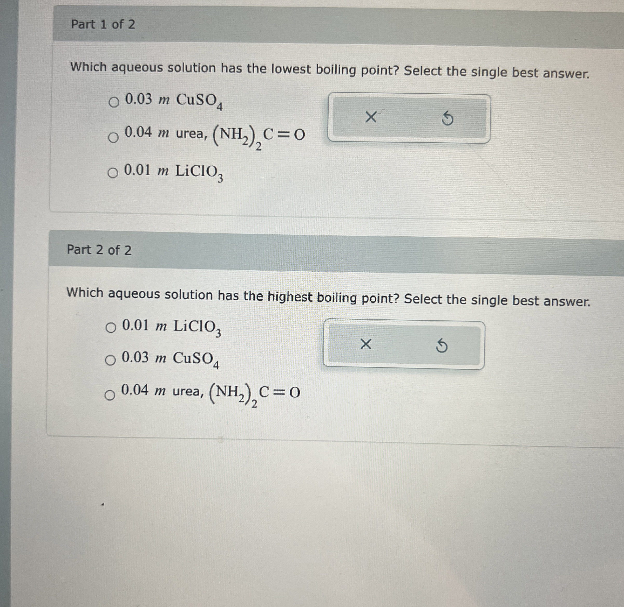 Solved Part 1 ﻿of 2Which aqueous solution has the lowest | Chegg.com