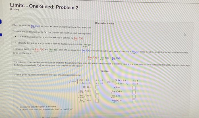 Solved Limits - One-Sided: Problem 2 (1 point) One-sided | Chegg.com