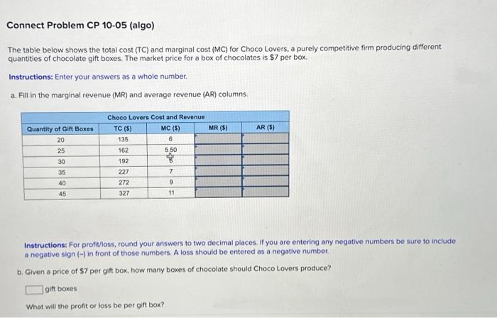 Solved Connect Problem CP 10-05 (algo) The table below shows | Chegg.com
