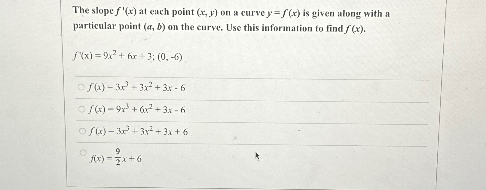 Solved The slope f'(x) ﻿at each point (x,y) ﻿on a curve | Chegg.com