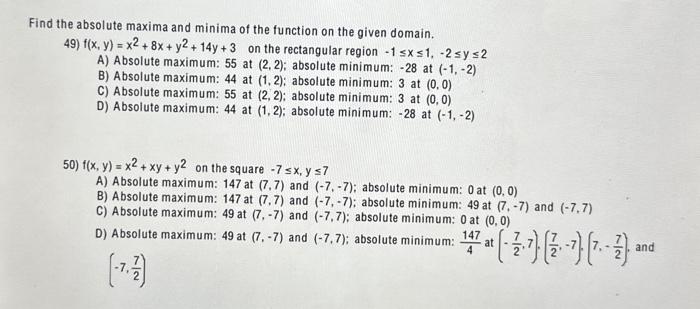 Solved Find the absolute maxima and minima of the function | Chegg.com