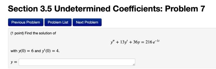 Solved Section 3.5 Undetermined Coefficients: Problem 7 | Chegg.com