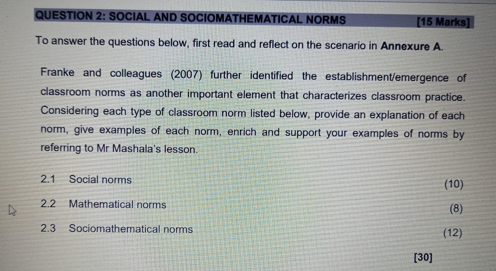 QUESTION 2: SOCIAL AND SOCIOMATHEMATICAL NORMS [15 | Chegg.com