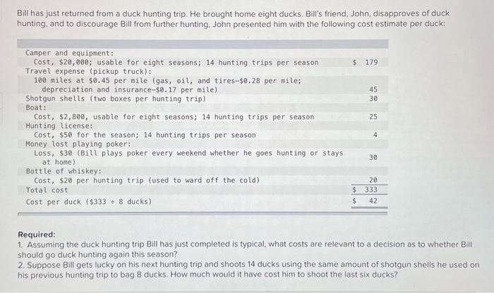 Solved Bill has just returned from a duck hunting trip. He | Chegg.com