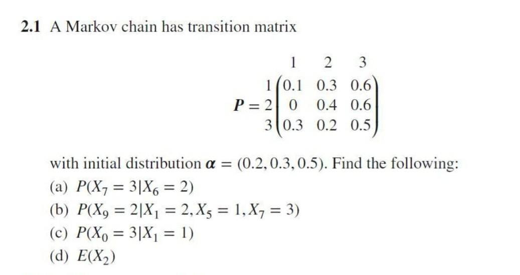 Solved 2.1 ﻿A Markov chain has transition | Chegg.com
