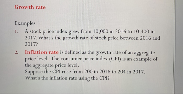 Solved Growth rate Examples 1. A stock price index grew from | Chegg.com