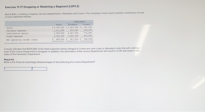 Solved Exercise 11-17 Dropping or Retaining a Segment | Chegg.com