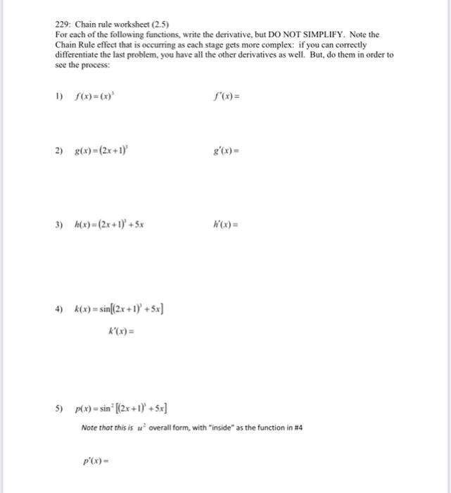 Solved 229: Chain rule worksheet (2.5) For each of the | Chegg.com