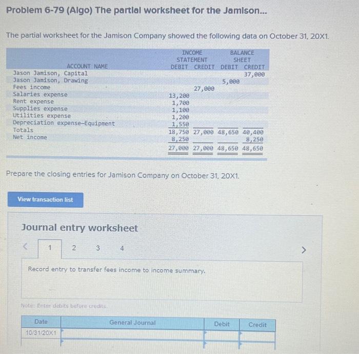 Solved Problem 6-79 (Algo) The partial worksheet for the | Chegg.com