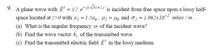 Solved A plane wave with vec(E)i=hat(y)2e-j(32x+z) ﻿is | Chegg.com