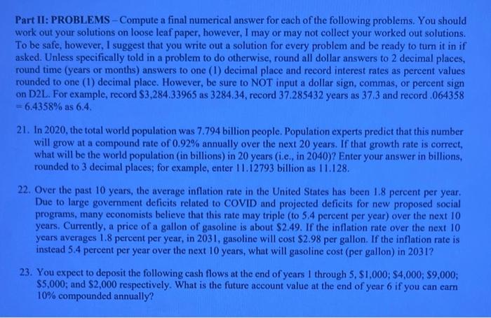 Solved Part II: PROBLEMS - Compute a final numerical answer | Chegg.com