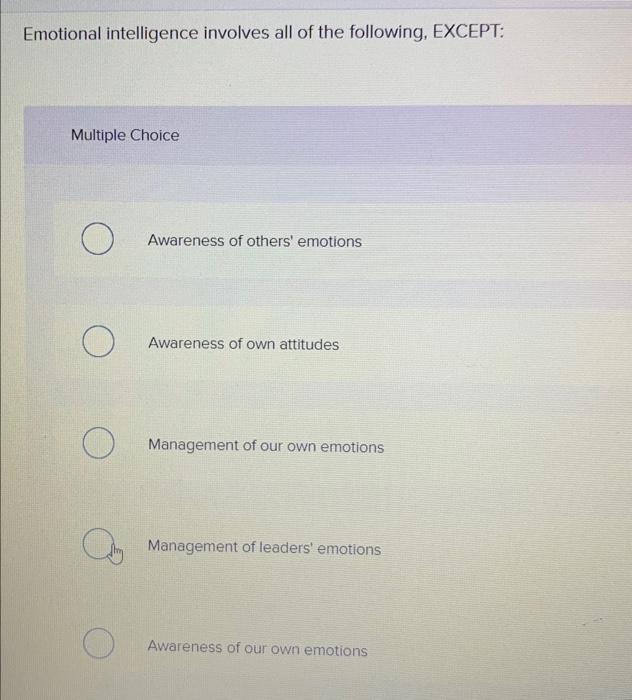 Solved Emotional intelligence involves all of the following, | Chegg.com