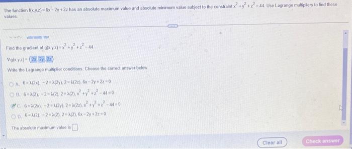 Solved The function f(x,y,z)=6x−2y+2z has an absolute | Chegg.com