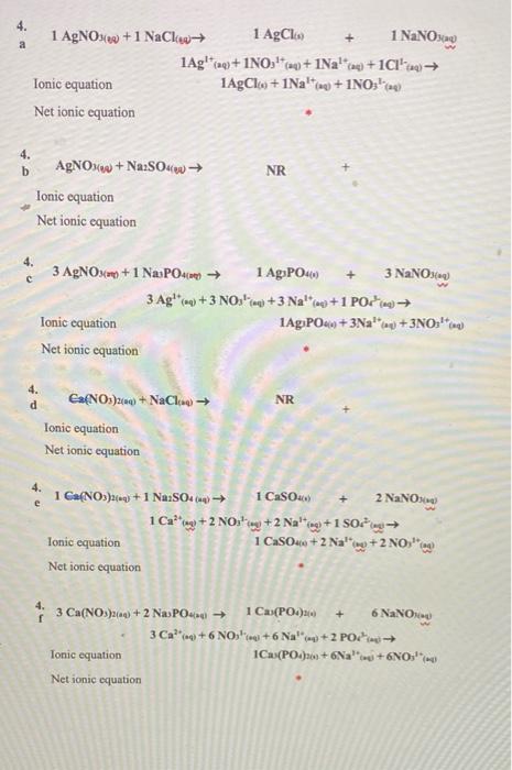 Solved hi i need ONLY the net ionic equation for 4a, 4c, 4e, | Chegg.com