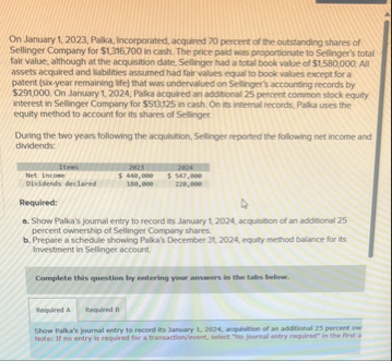 Solved On January 1.2023 , ﻿Palka, Incorporated, acquired 70 | Chegg.com