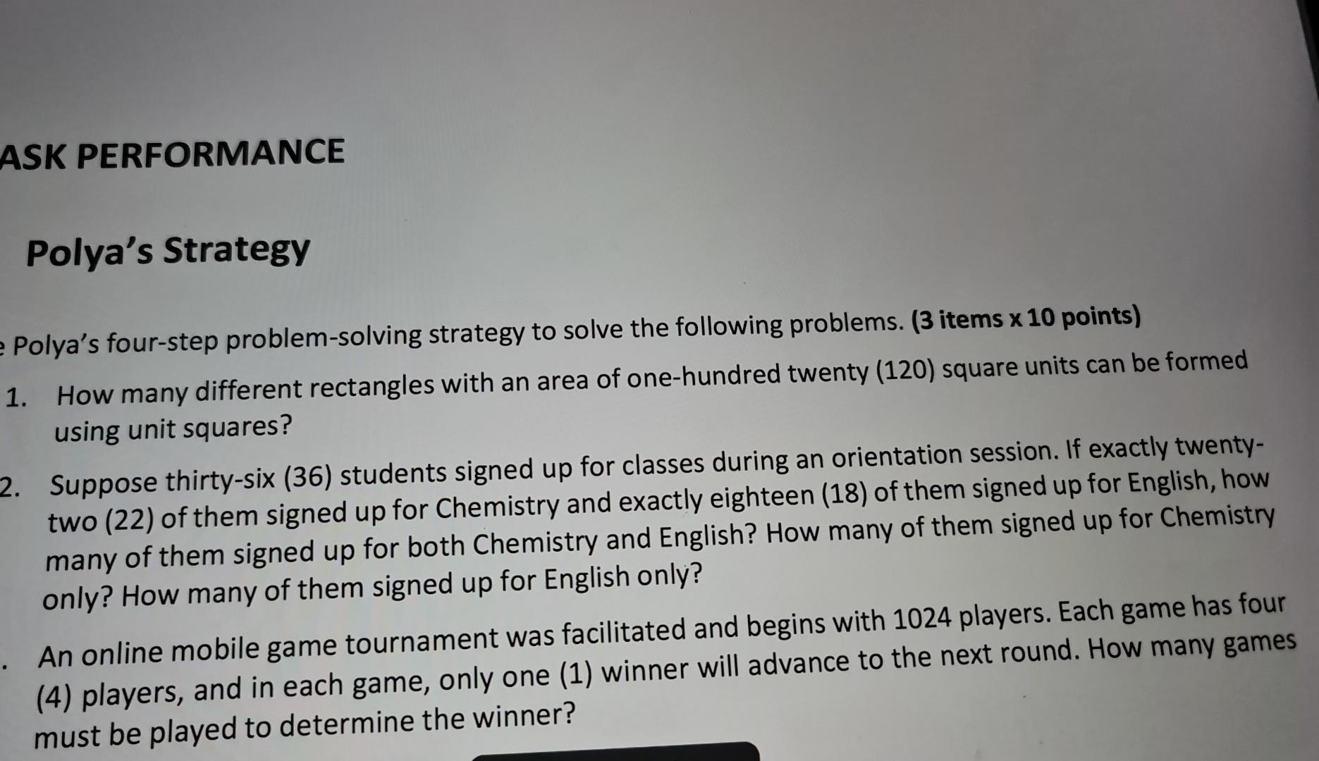 Solved ASK PERFORMANCE Polya's Strategy e Polya's four-step | Chegg.com