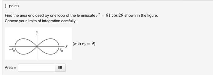 Solved Find the area enclosed by one loop of the lemniscate | Chegg.com