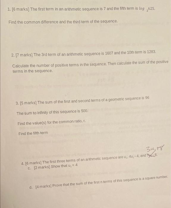 Solved 1. [6 marks] The first term in an arithmetic sequence | Chegg.com