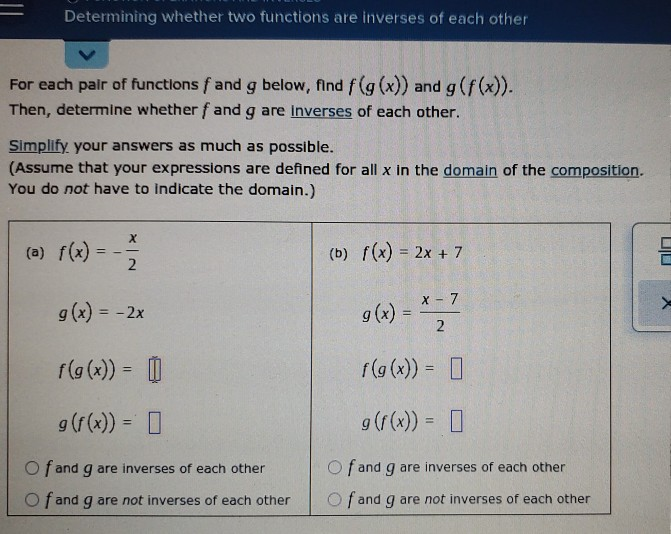Solved Determining whether two functions are inverses of | Chegg.com