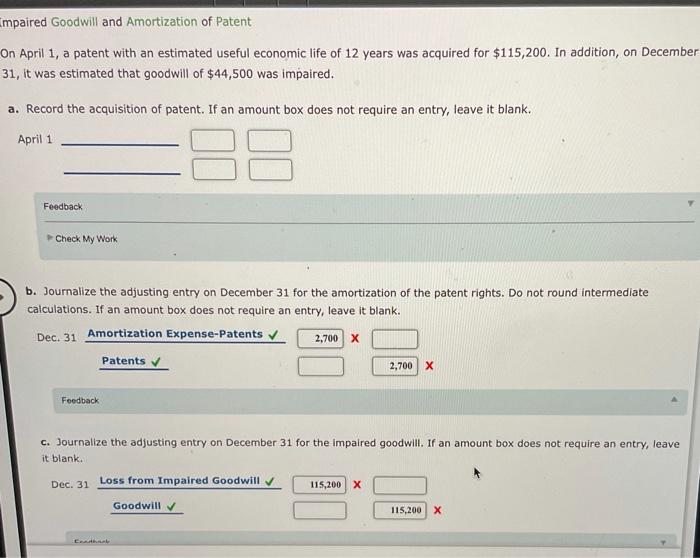 Solved mpaired Goodwill and Amortization of Patent On April | Chegg.com
