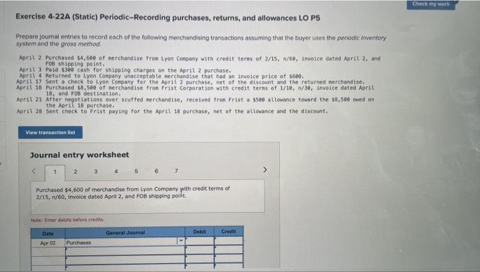 Solved Exercise 4-22A (Static) Periodic-Recording purchases, | Chegg.com