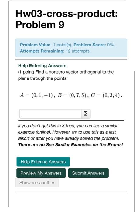 Solved Hw03-cross-product: Problem 9 Problem Value: 1 | Chegg.com Solved Hw03-cross-product: Problem 9 Problem Value: 1 | Chegg.com