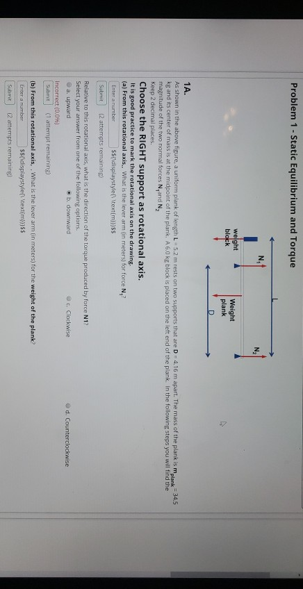 Solved Problem 1 - Static Equilibrium and Torque weight | Chegg.com