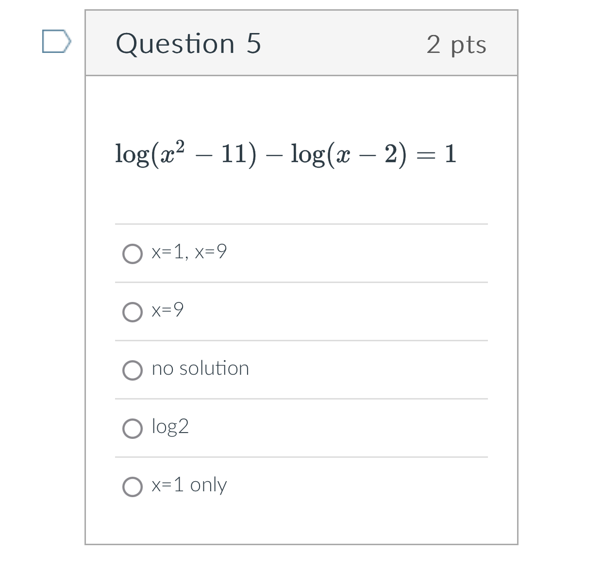 Solved Question 52 ﻿ptslog(x2-11)-log(x-2)=1x=1,x=9x=9no | Chegg.com