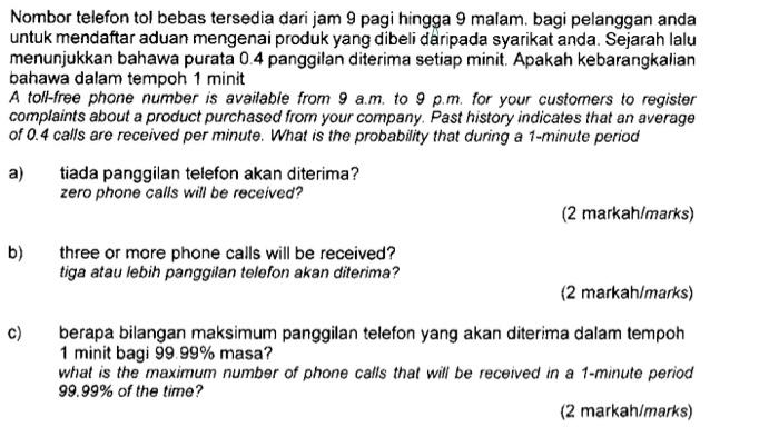 Solved Nombor telefon tol bebas tersedia dari jam 9 pagi | Chegg.com