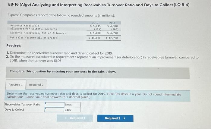 Solved E8-16 (Algo) Analyzing and Interpreting Receivables | Chegg.com