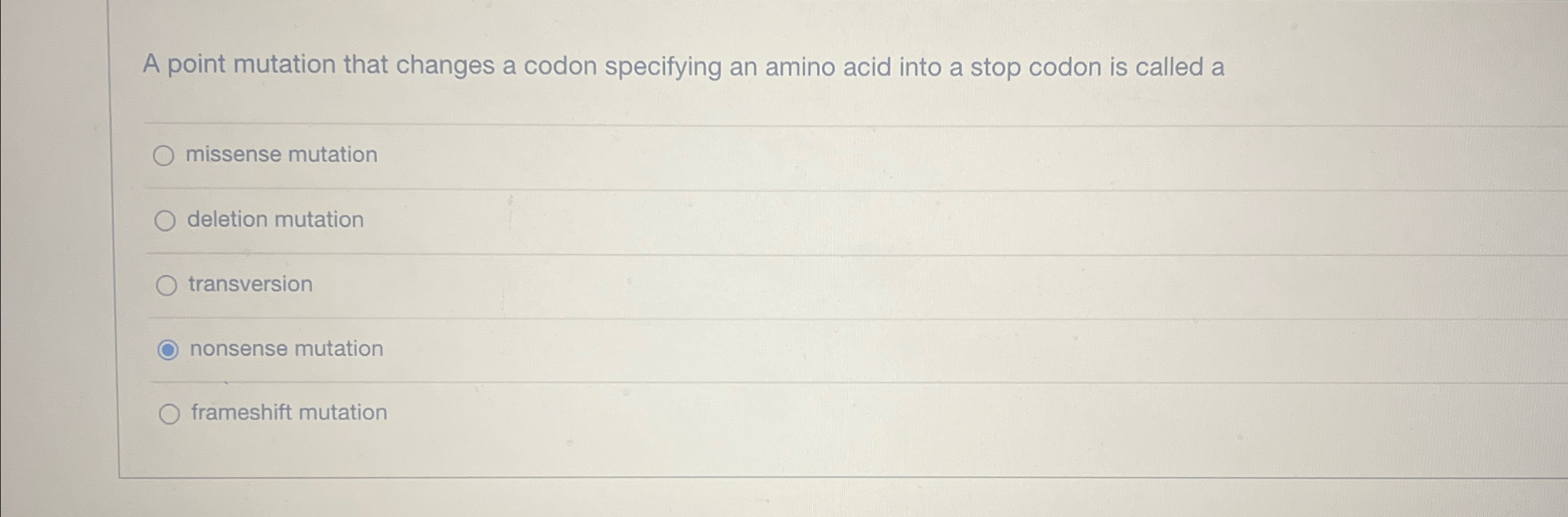 Solved A point mutation that changes a codon specifying an | Chegg.com