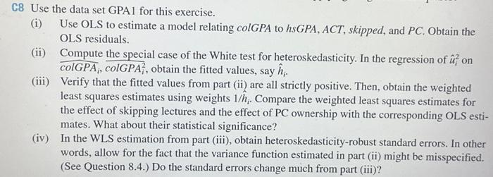 Solved C8 Use the data set GPA1 for this exercise. (i) Use | Chegg.com