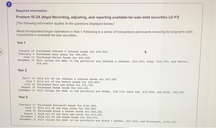 Solved Required information Problem 15-2A (Algo) Recording, | Chegg.com