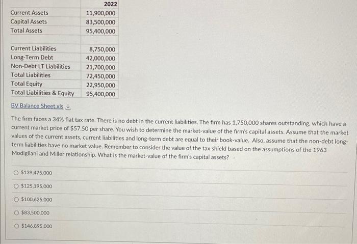 Solved BV Balance Sheet.xls ₫ The firm faces a 34% flat tax | Chegg.com