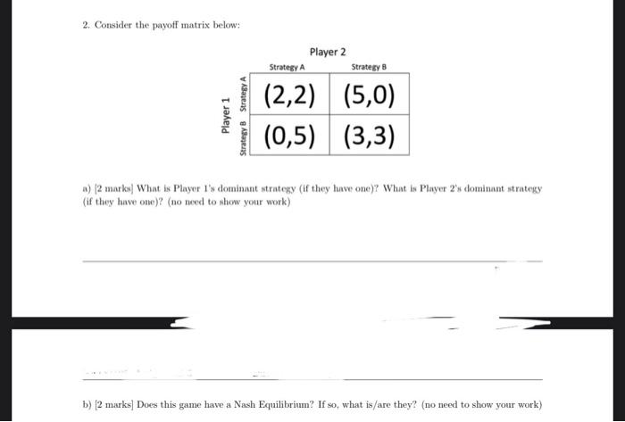 Solved 2. Consider the payoff matrix below: a) (2 marks) | Chegg.com